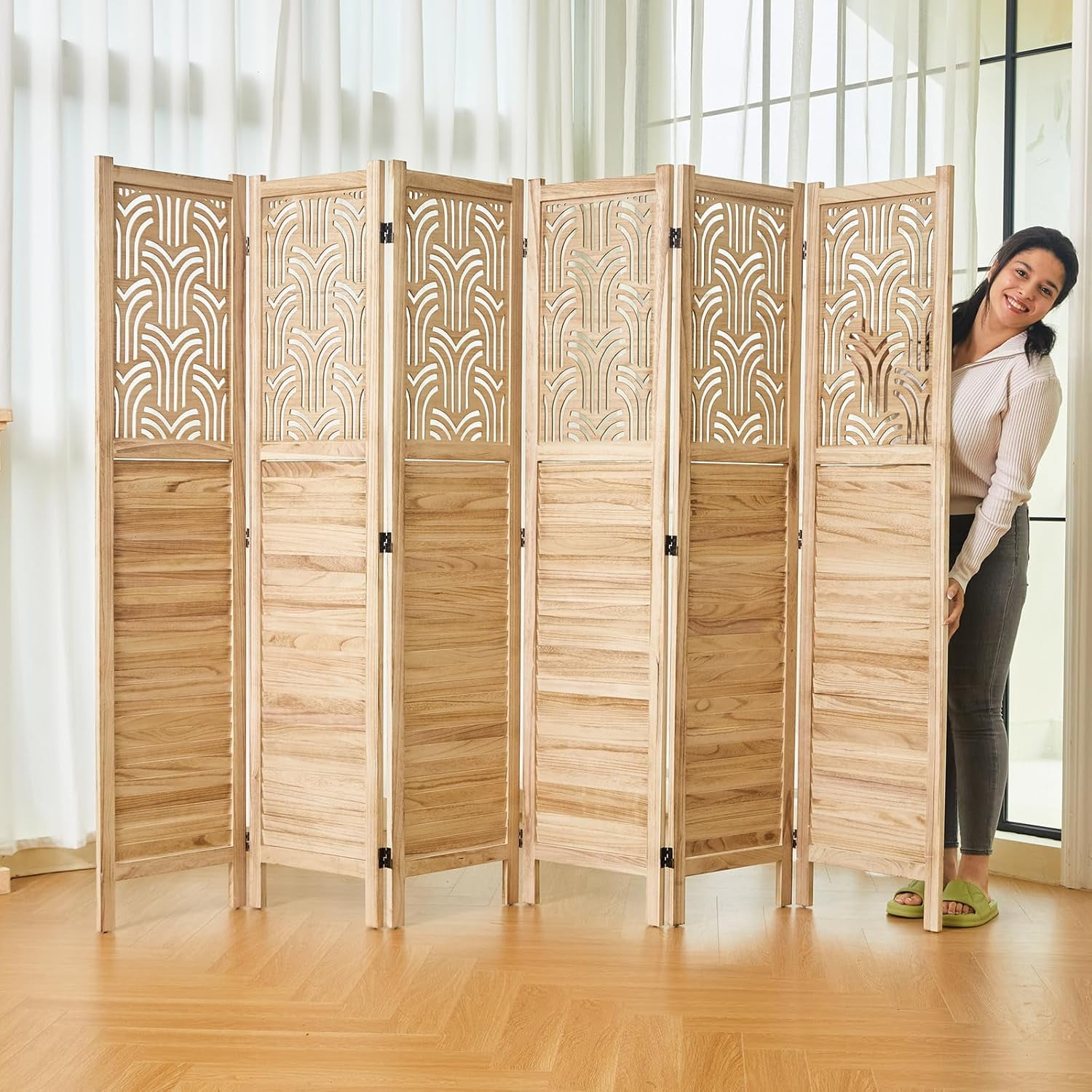 5.6 Ft Room Divider, Wood Carved Wall Divider Indoor Folding Portable ...