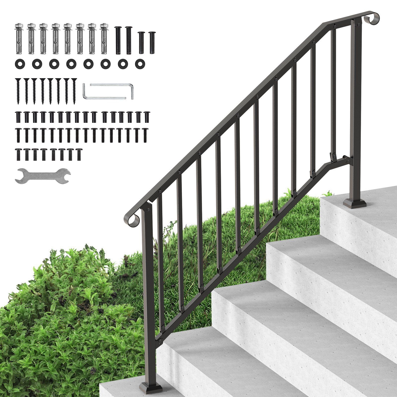 5-6 Step Outdoor Handrail for Porch Deck Stairs, Black Retro Arch Stair ...