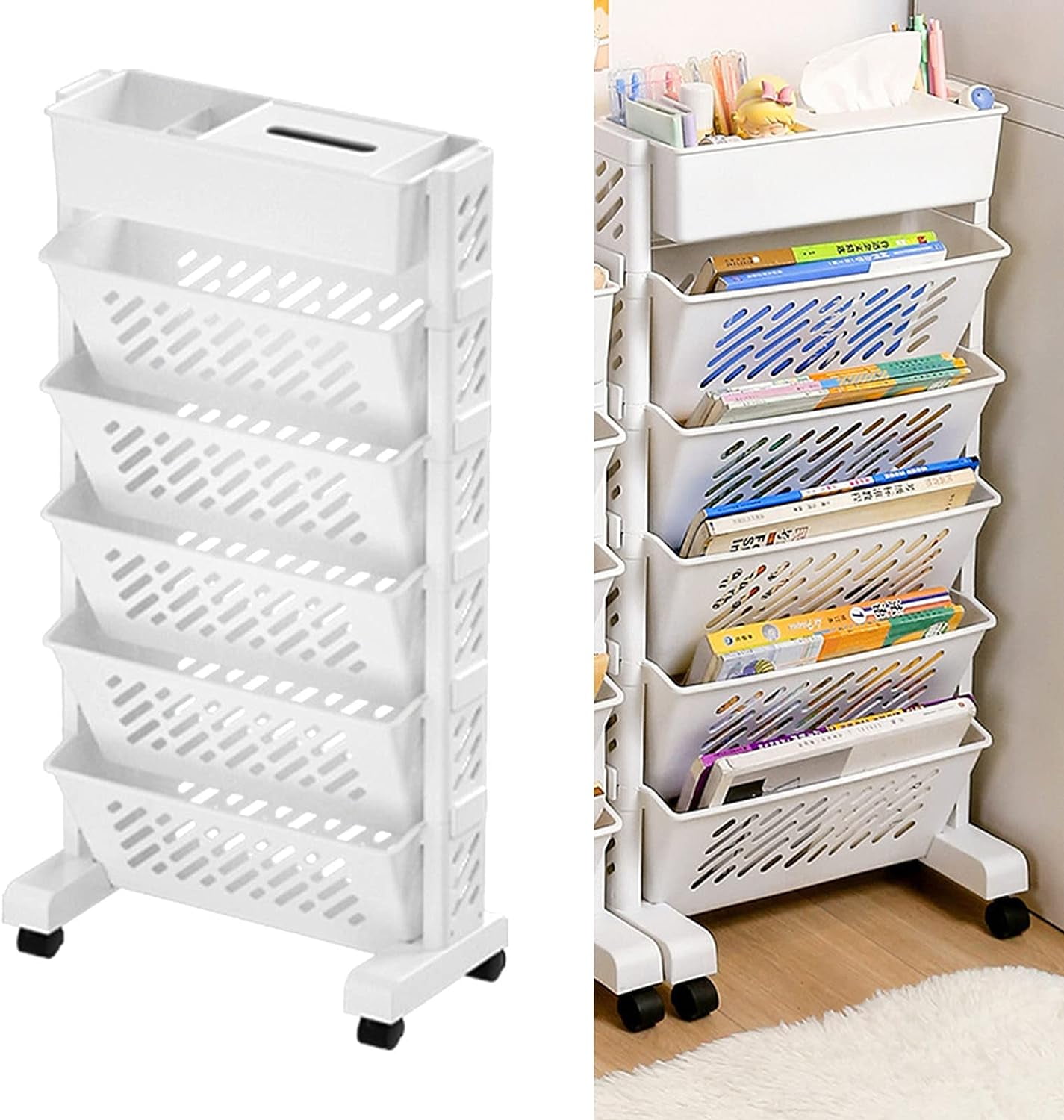 5/6 Tier Movable Bookshelf Bookcase Removable Book Rack Plastic Rolling ...