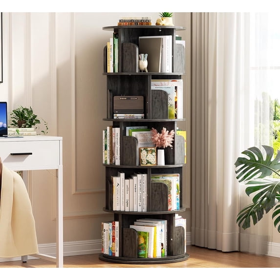 5/6 Tier Rotating Bookshelf, Wood Spinning Bookshelf Tower, Round ...