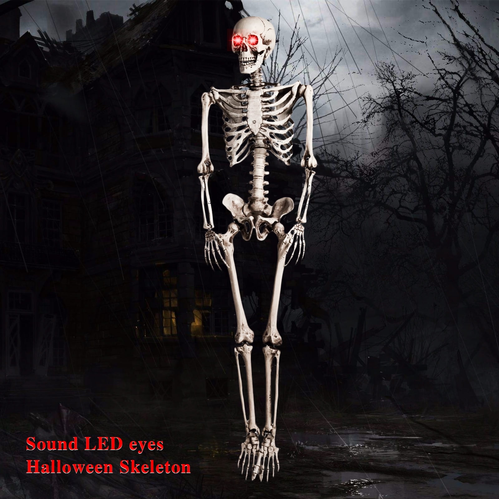 5.6FT Halloween Skeleton Poseable With LED Eyes Life Size Plastic Human ...