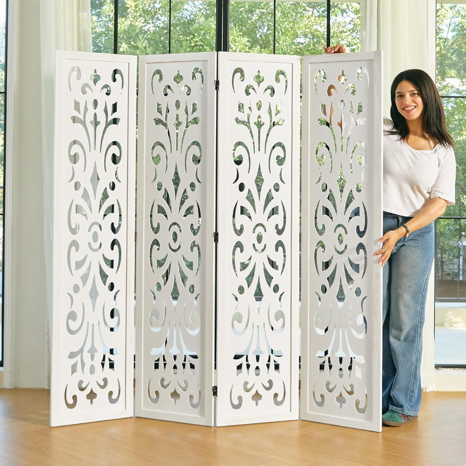 5.6Ft Room Divider Folding Wood Classical Carved Partition Screen for ...