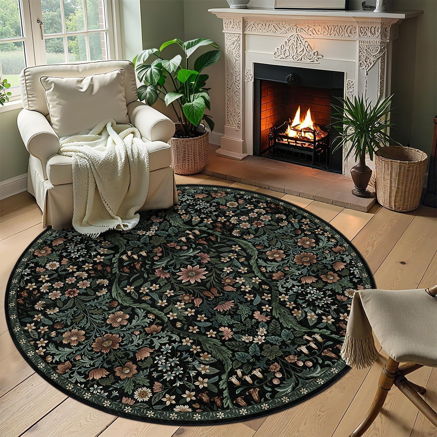 5×7 Dark Green Washable Floral Area Rug,Vintage Boho Soft Low-Pile ...