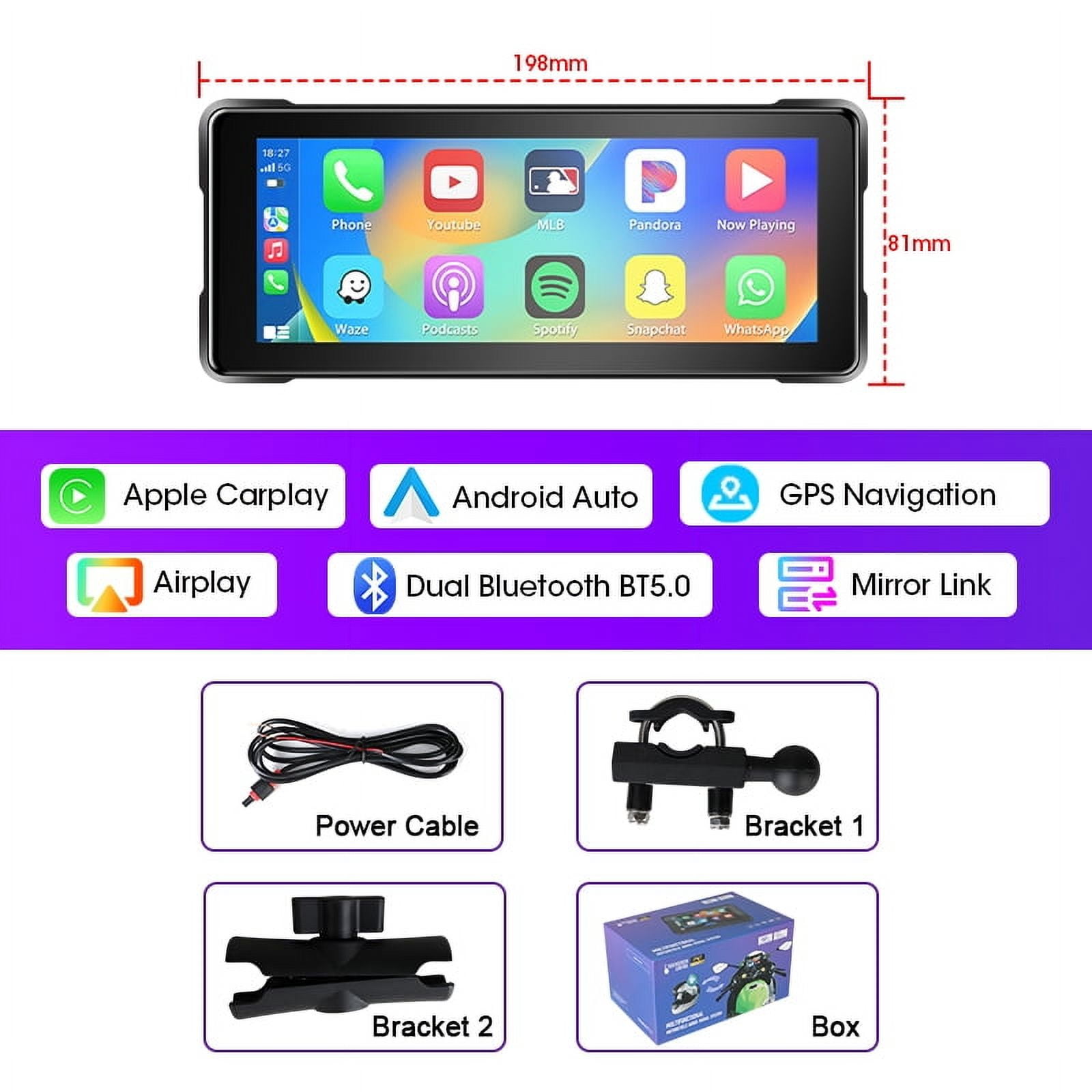 5/7 inch Motorcycle DVR Navigation Apple CarPlay Display Screen ...