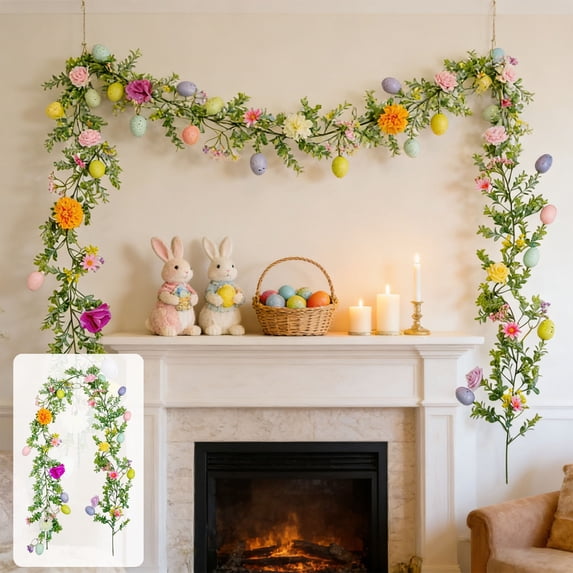 5.74FT Easter Garland Spring Vine with Easter Eggs Flowers Berries for ...