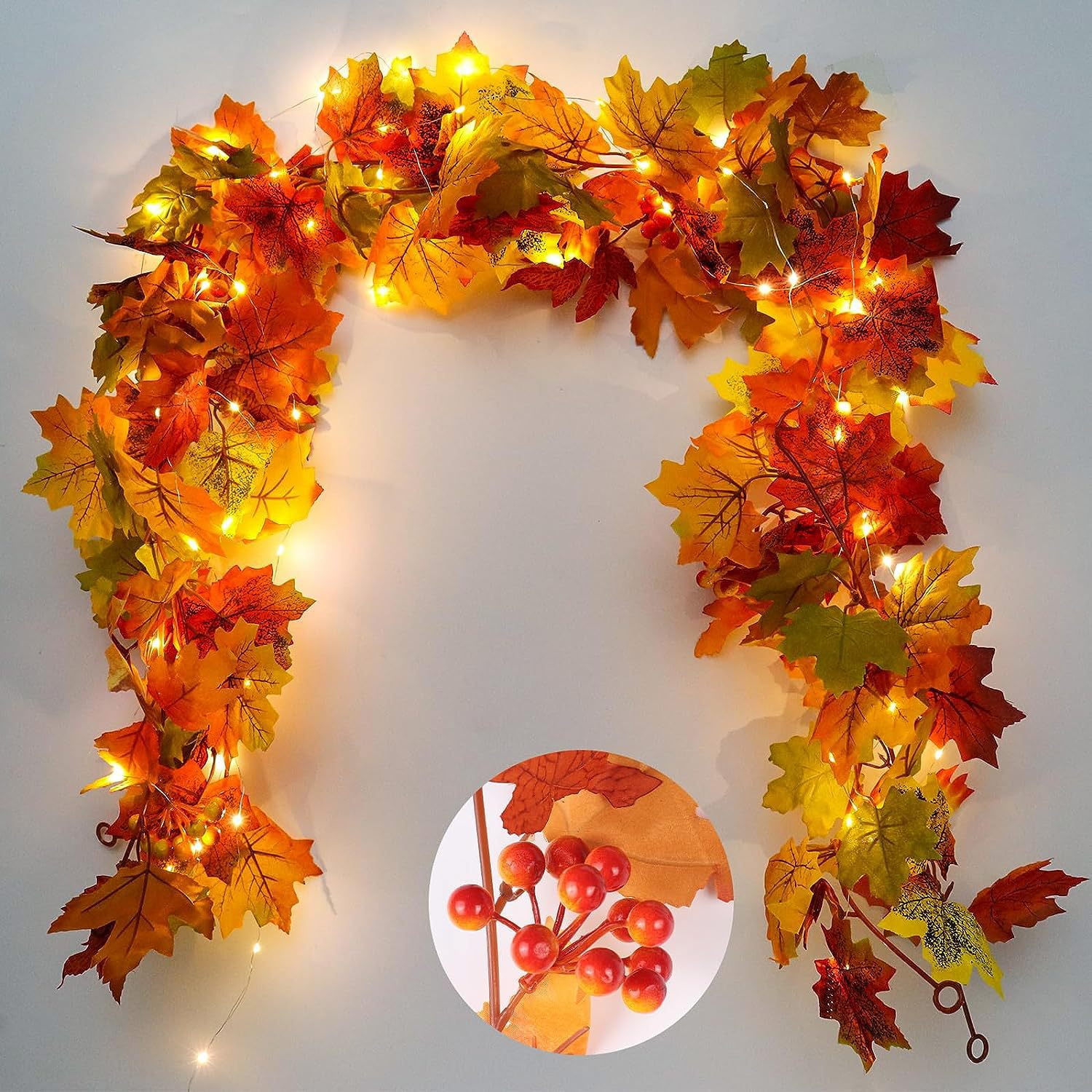 5.74Ft Artificial Fall Wreaths for Front Door, Plastic Autumn Maple ...