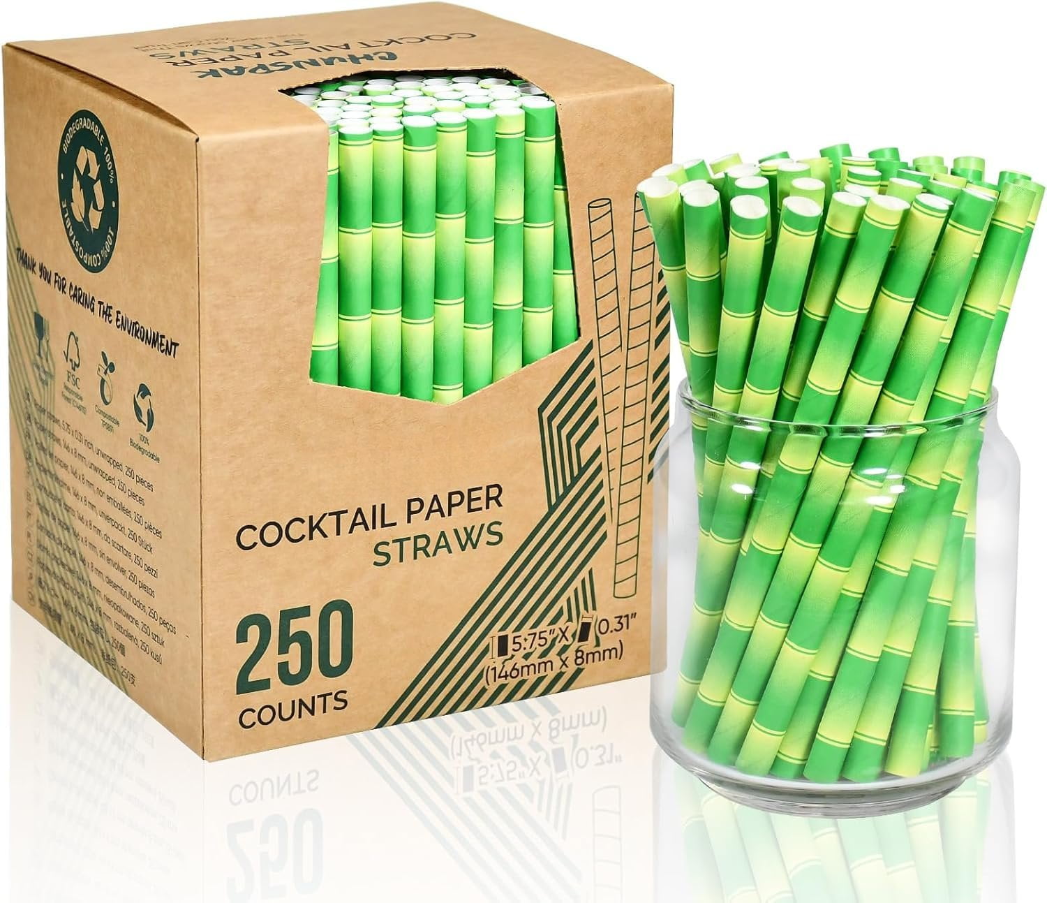 5.75" x 0.31" Green Disposable Paper Drinking Straws for Short Drinks ...