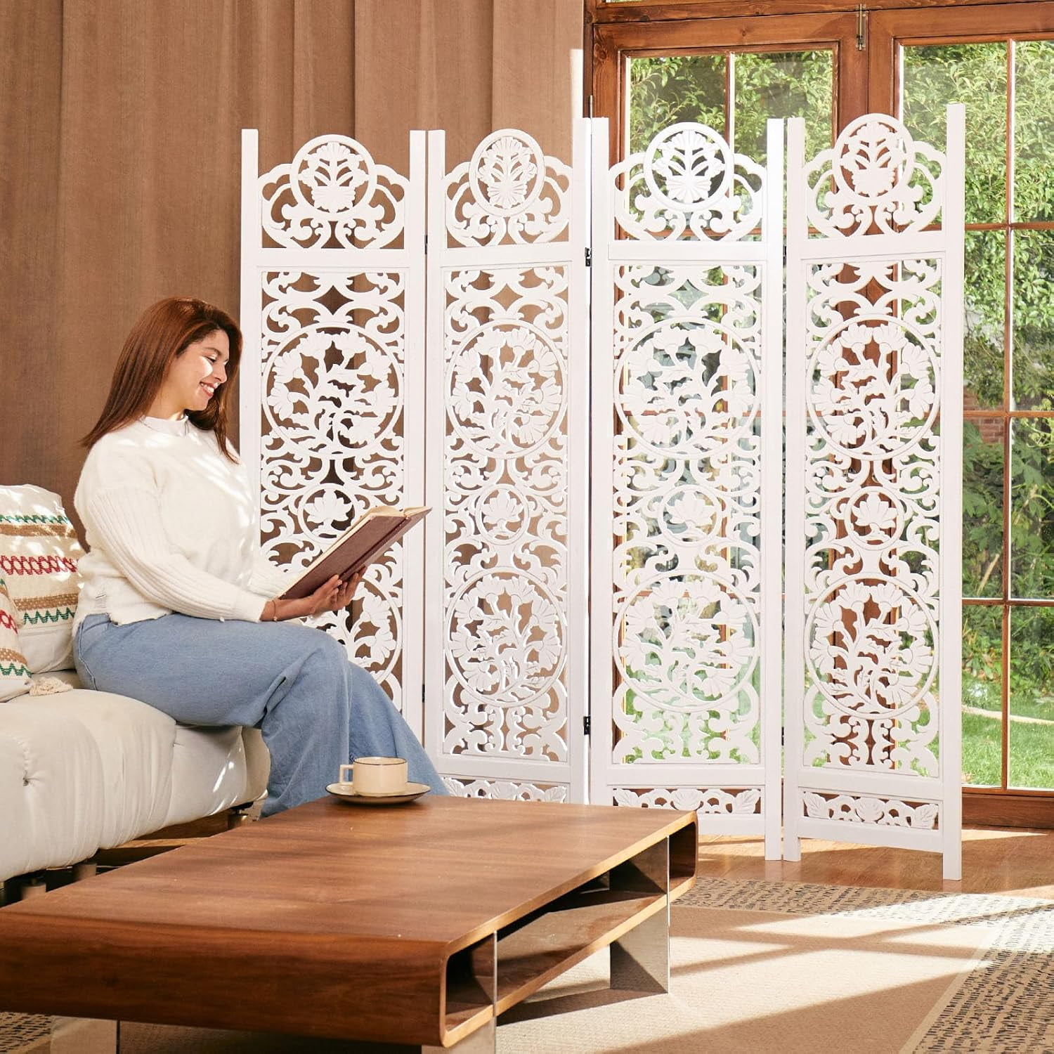 5.75Ft Room Divider Wood Screen, 33Lbs Durable MDF Carved Rustic Style ...