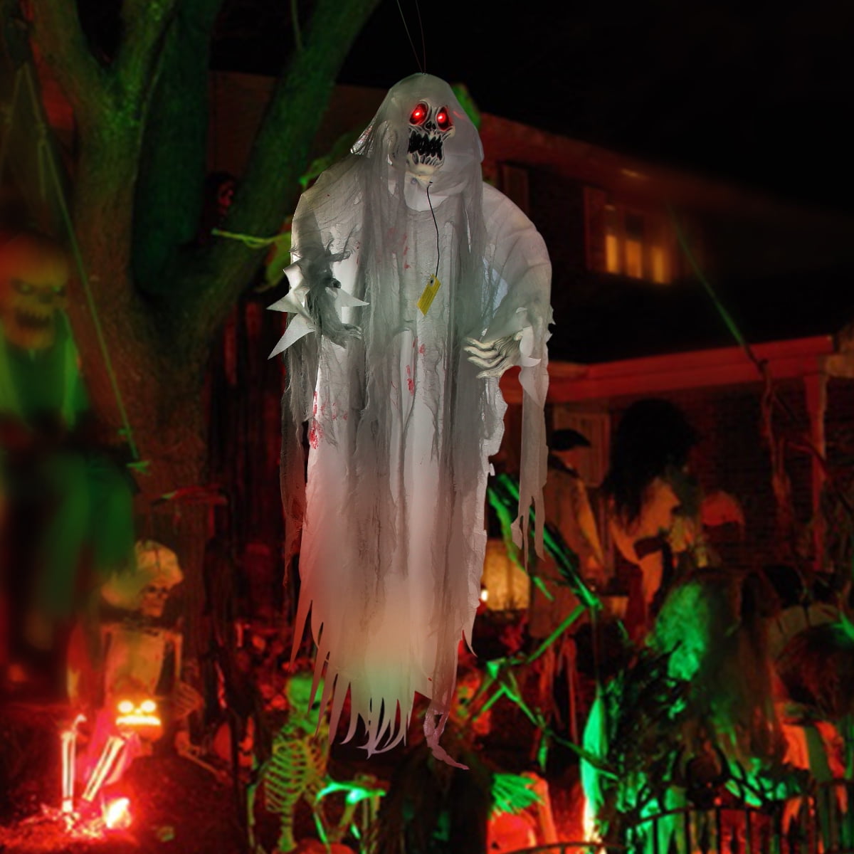 5.7FT Halloween Hanging Skeleton Grim Reaper - Large Skull with Glowing ...