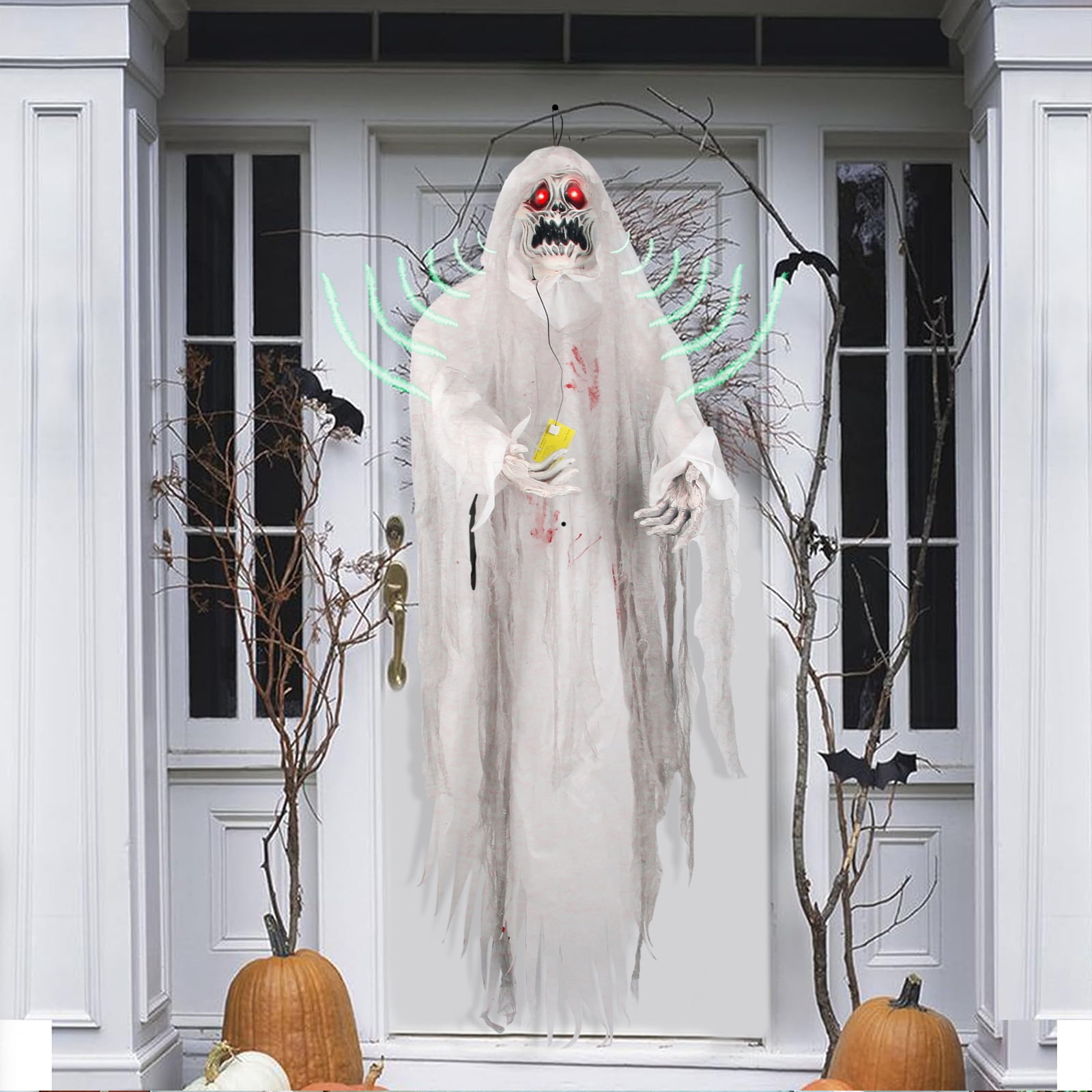 5.7FT Halloween Hanging Skeleton Grim Reaper - Large Skull with Glowing ...