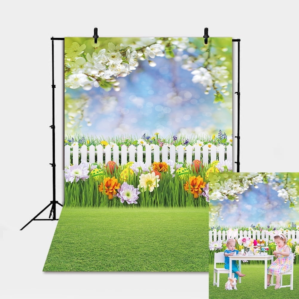 5×7FT Spring Easter Backdrop Garden Flowers Green Grass Fences Bokeh ...