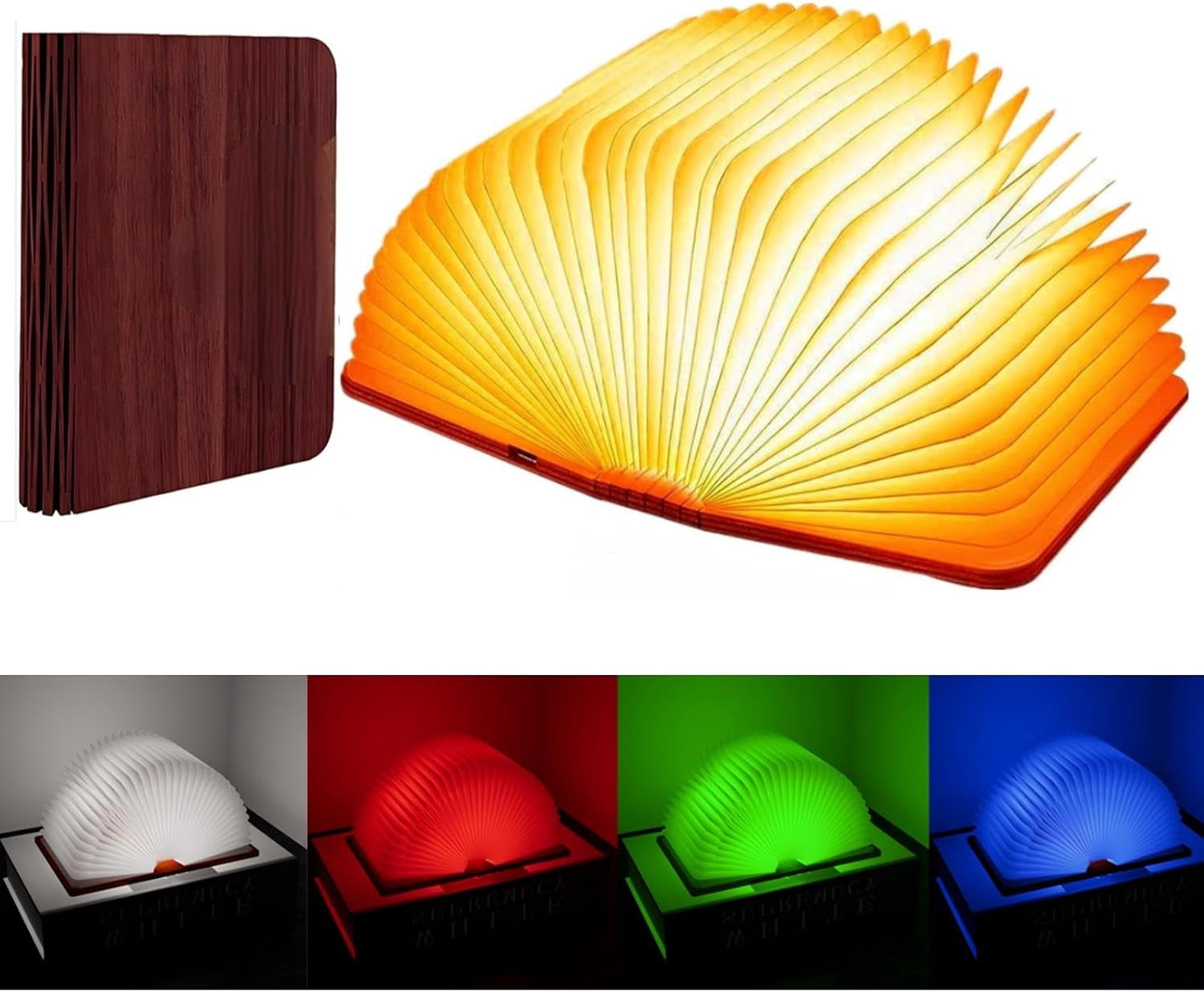 5.7Inch Wooden Book Lamp, 6 Colors Folding Book Light, USB Rechargeable ...