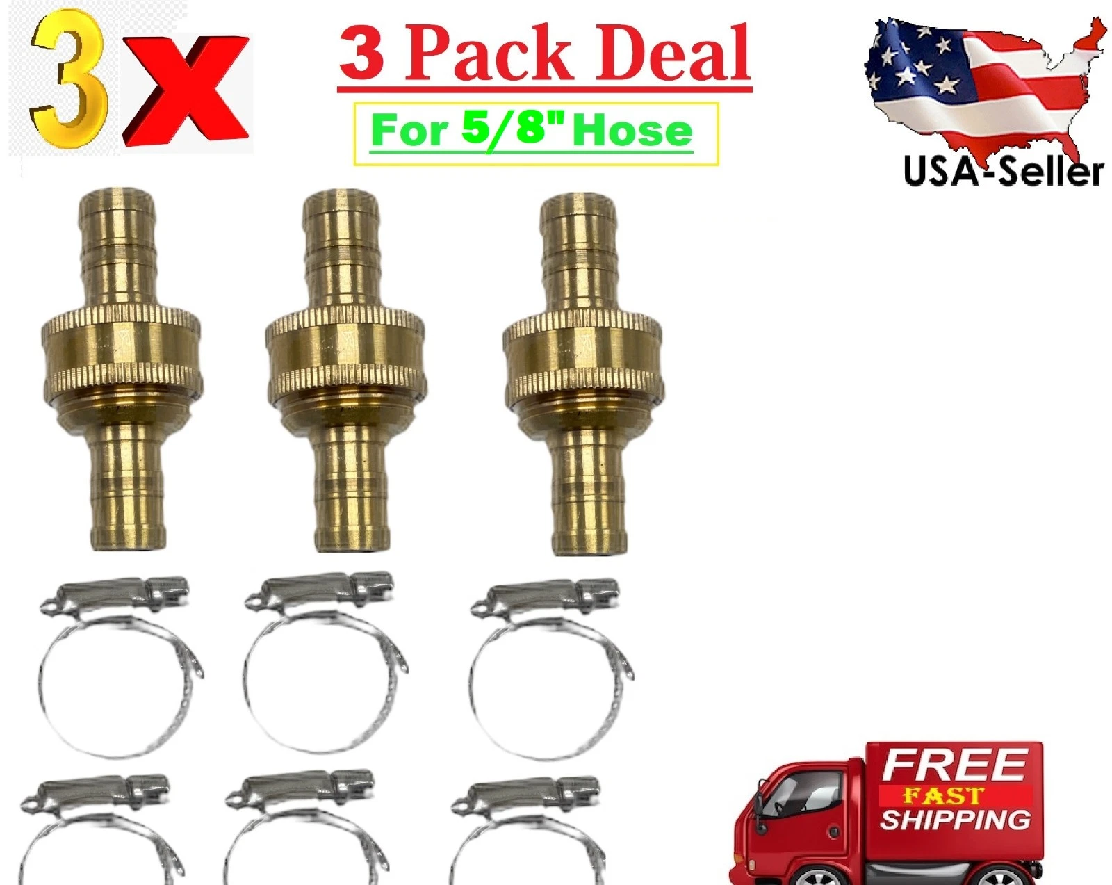 5/8" Garden Brass Mender End Repair Kit Hose Connector Male Female (3 ...