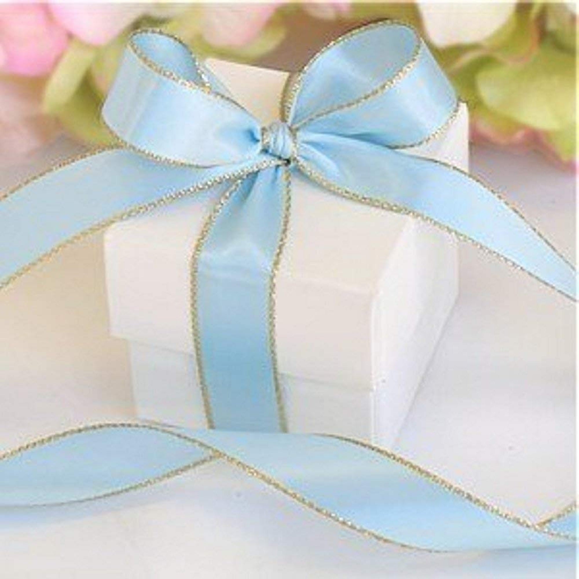 5/8" Wide Light Blue Gold Edged Double Faced Satin Ribbon - 10 Yards ...