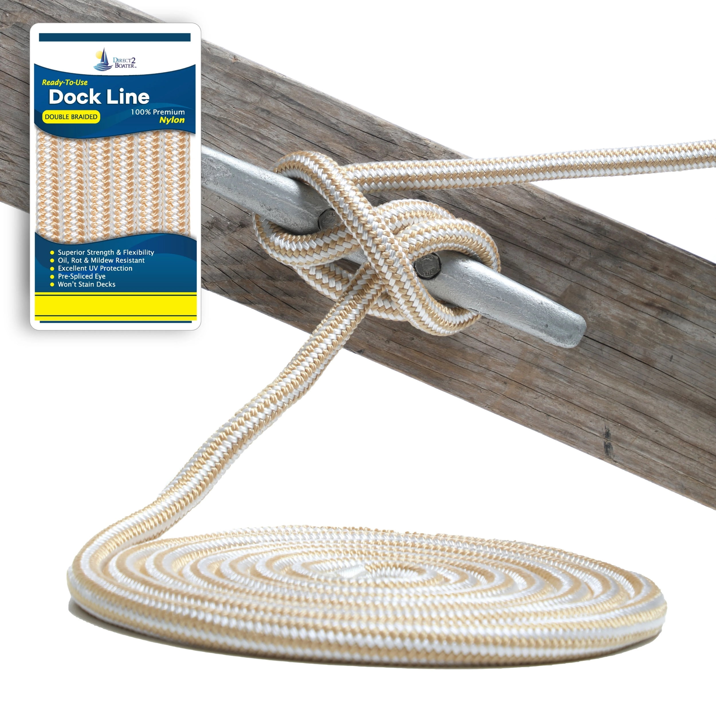 5/8" x 25' - Gold/White Durable Double Braided Nylon Dock Line - for Boats up to 45' - Long ...