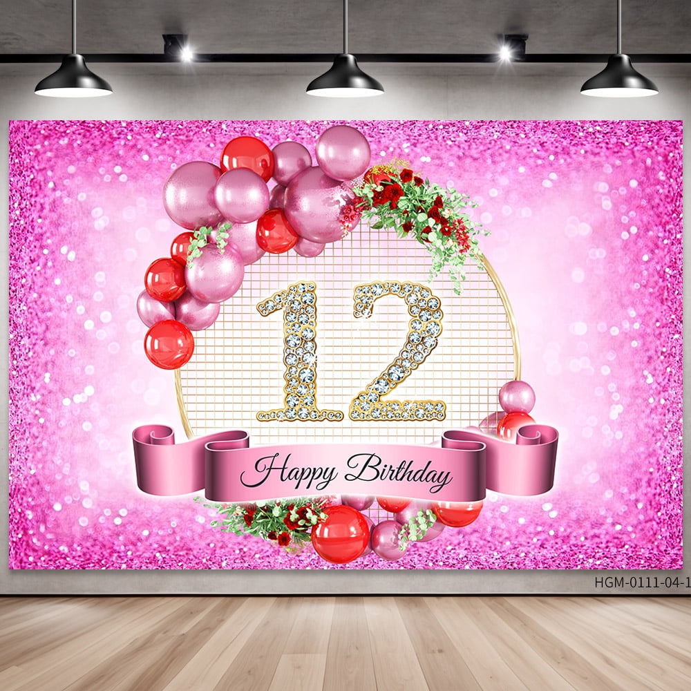 5.9*3.6ft Happy 12 Birthday Party Background Banner Pink flower Girls ...