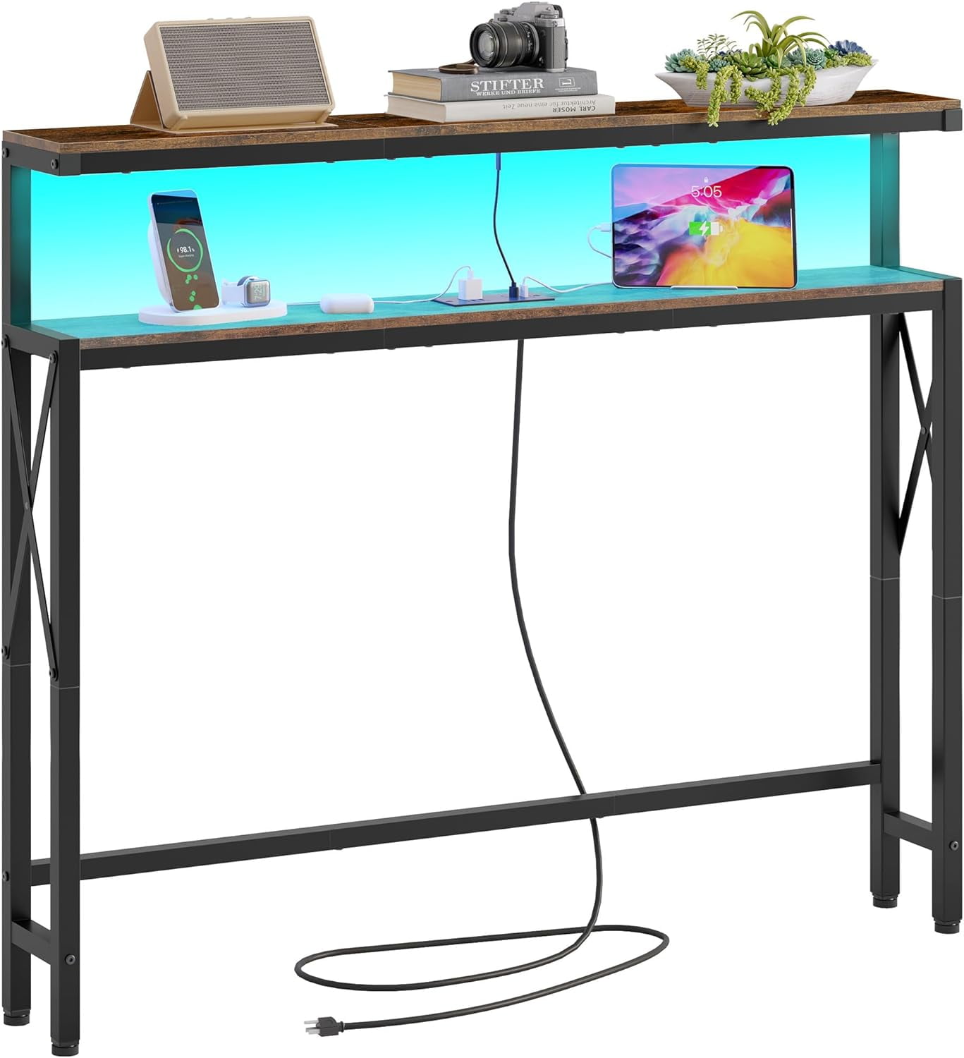 5.9" Narrow Console Table with Led Light and Charging Station 46.8 ...