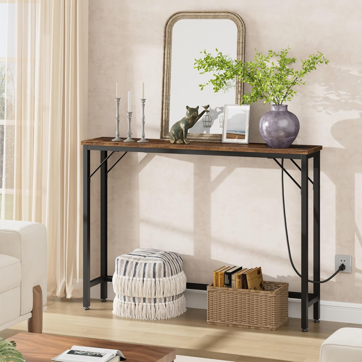 5.9" Narrow Console Table with Power Outlets, Compact Sofa Table with ...