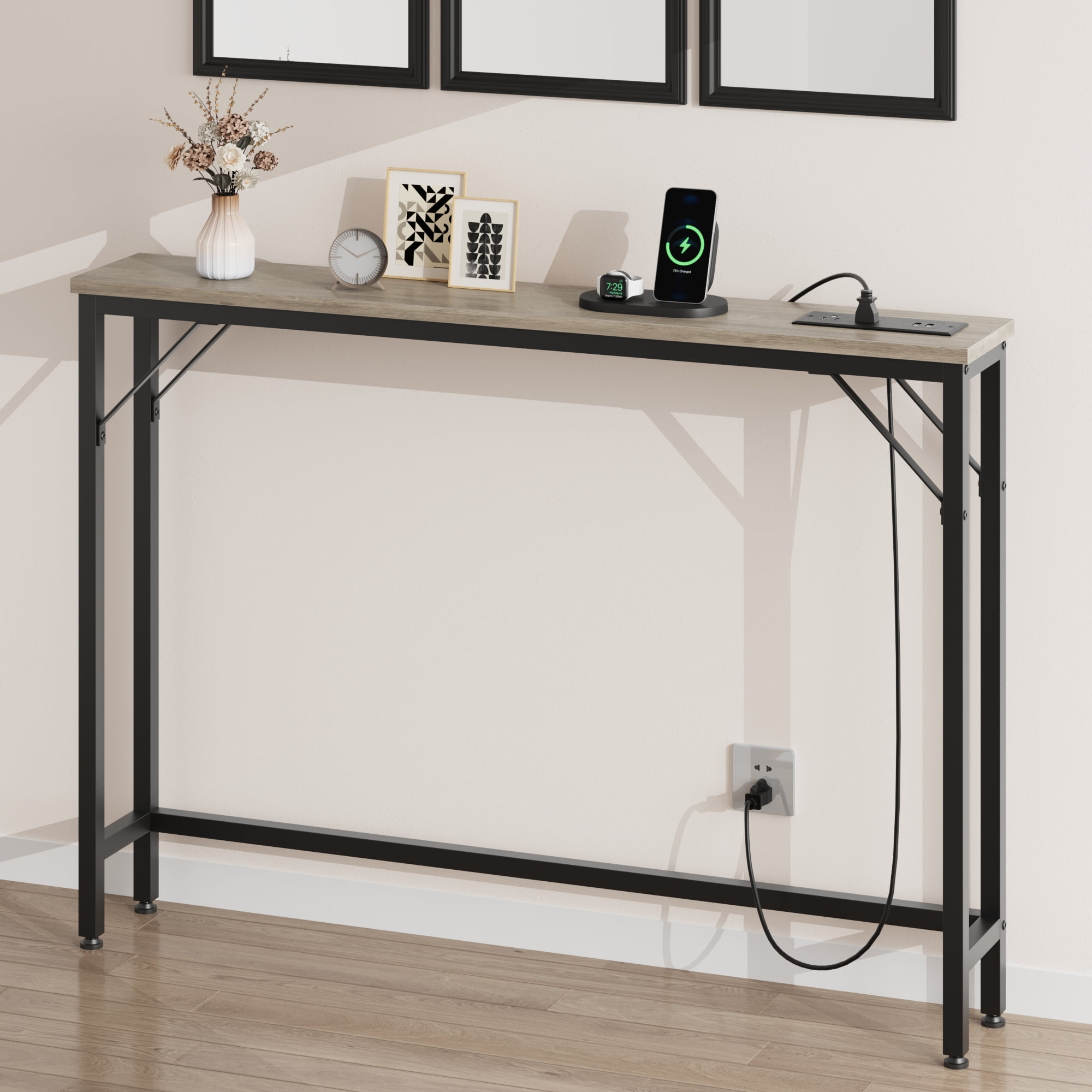 5.9" Skinny Behind Sofa Console Table with Charging Station, Narrow ...