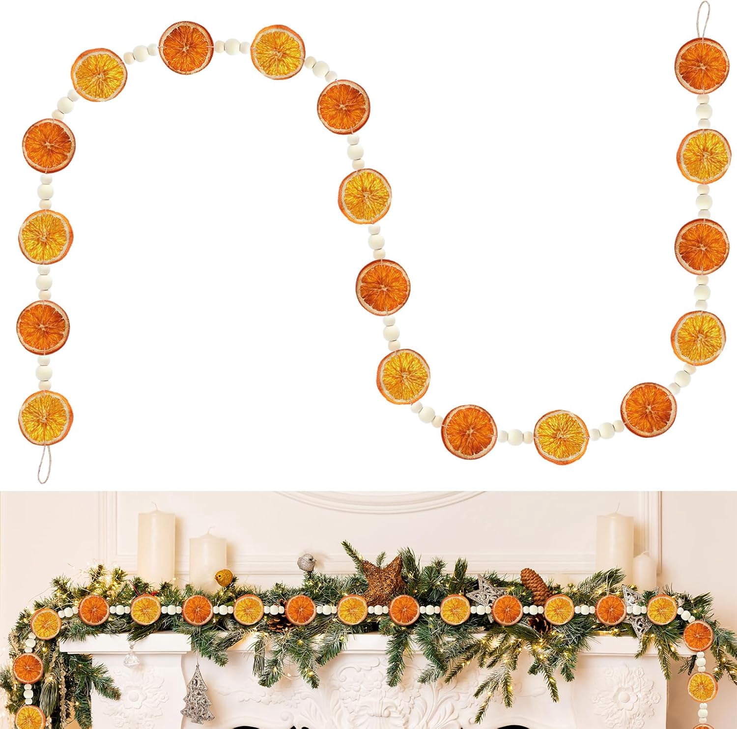 5.9 ft Dried Orange Slice Garland with Wood Bead Primitive Minimalist ...