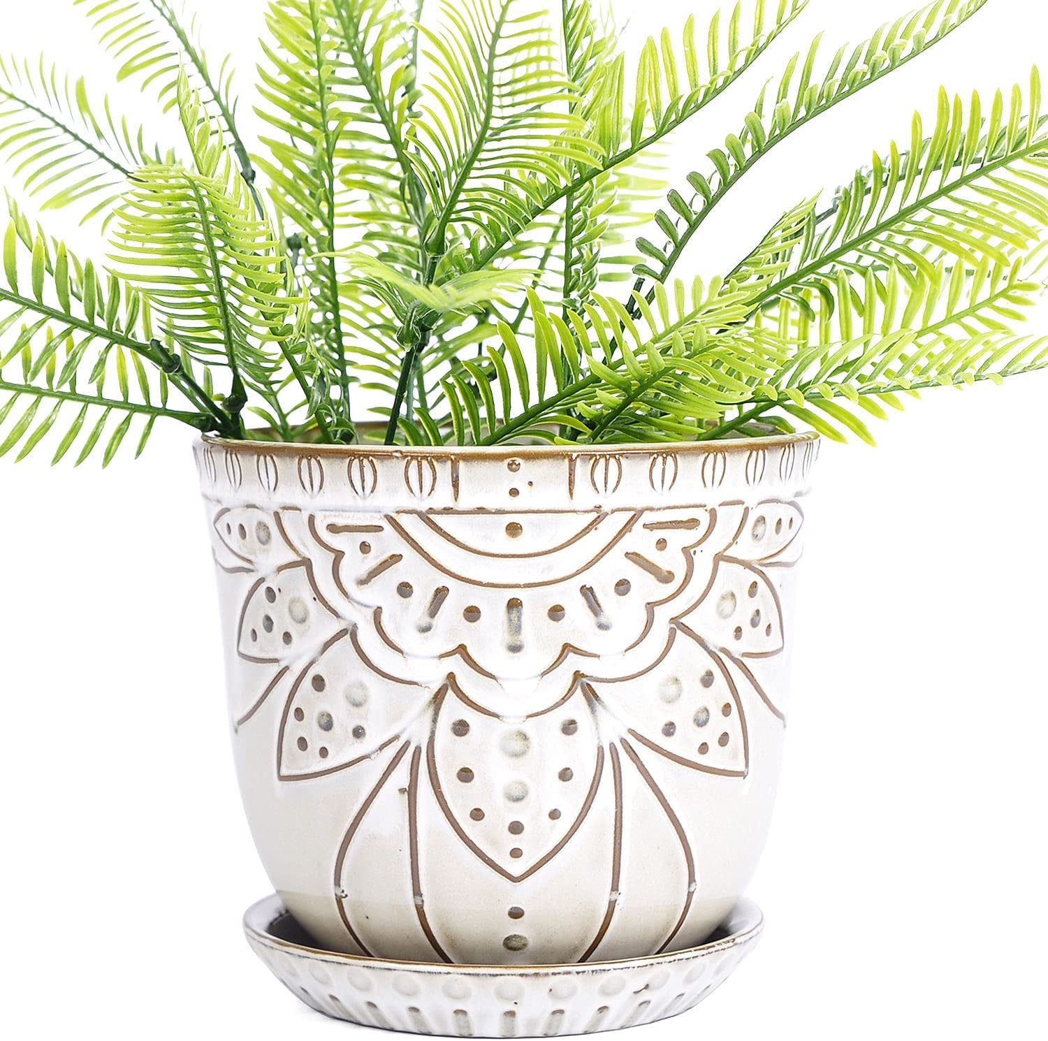 5.9 inch Round Bohemian Style Ceramic Planter, Geometry Engrave Off ...