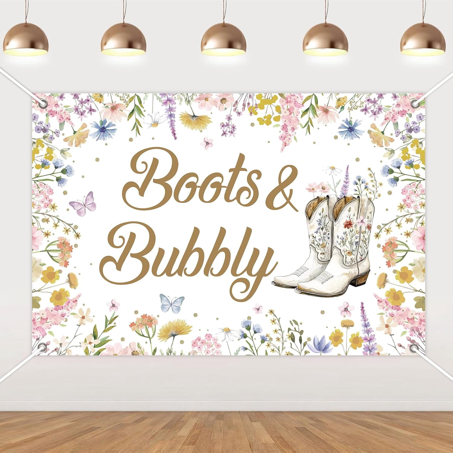 5.9x3.6FT Boots and Bubbly Backdrop Banner Boots and Bubbly Flowers ...