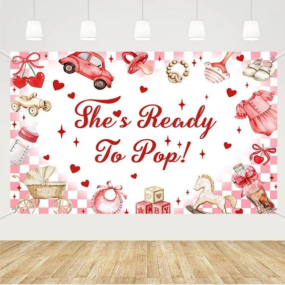 5.9x3.6FT She's Ready to Pop Baby Shower Backdrop Pink and Red ...