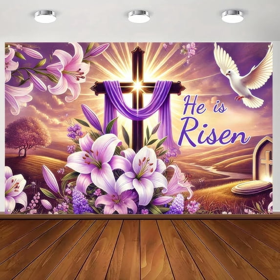 5.9x3.6FT He is Risen Easter Backdrop Christian Resurrection Cross ...