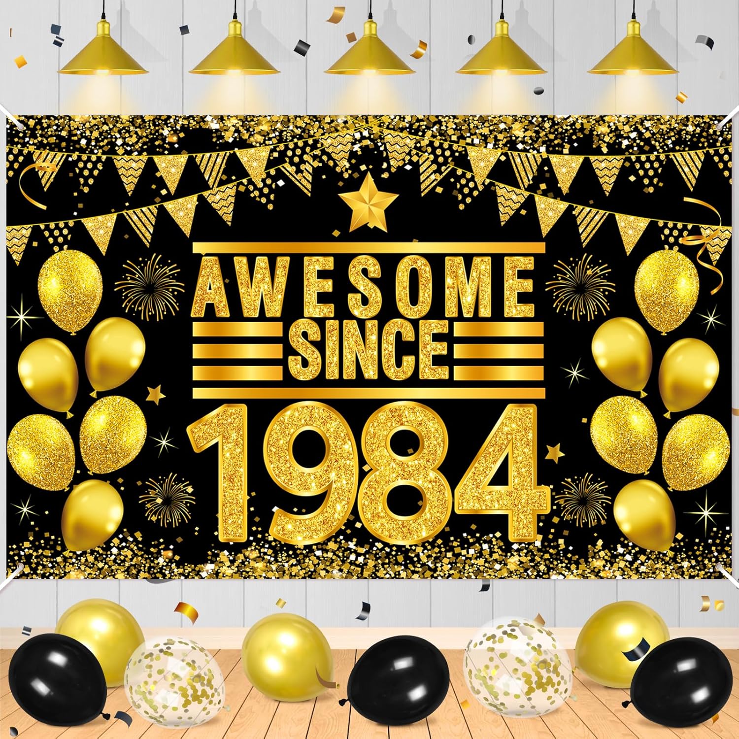 5.9x3.6Ft Black Gold Happy 40th Birthday Banner Decorations Awesome ...