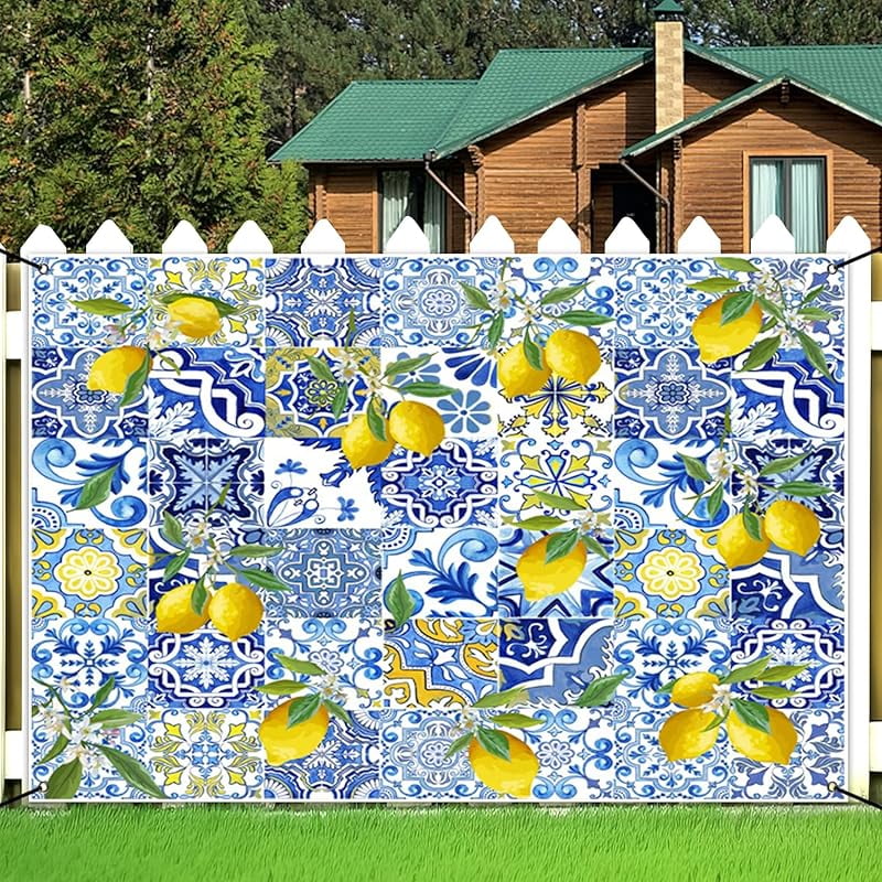 5.9x3.6Ft Blue Tiles Lemon Party Backdrop Mediterranean Lemon Themed ...