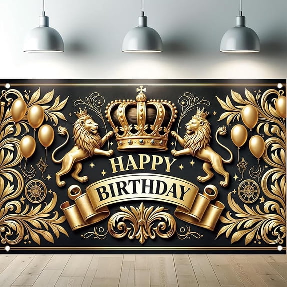 5.9x3.6Ft Elegant Gold Crown Lion Birthday Backdrop Banner Balloons ...