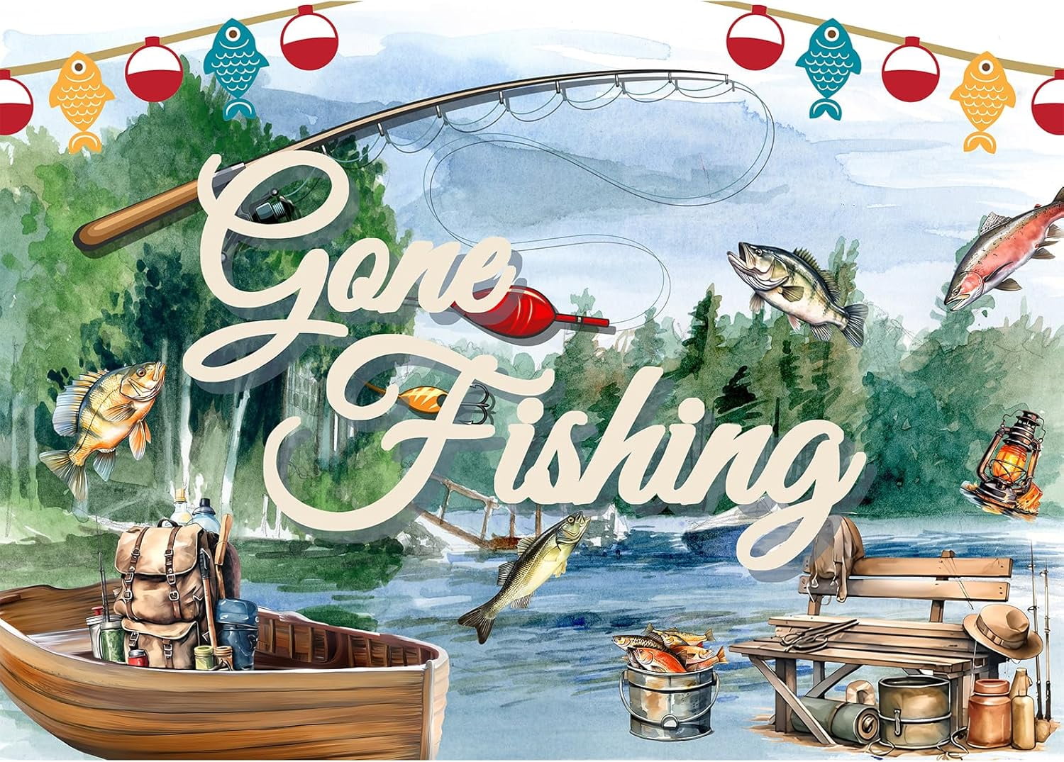 5.9x3.6Ft Fishing Birthday Party Decorations Gone Fishing Backdrop Gone ...
