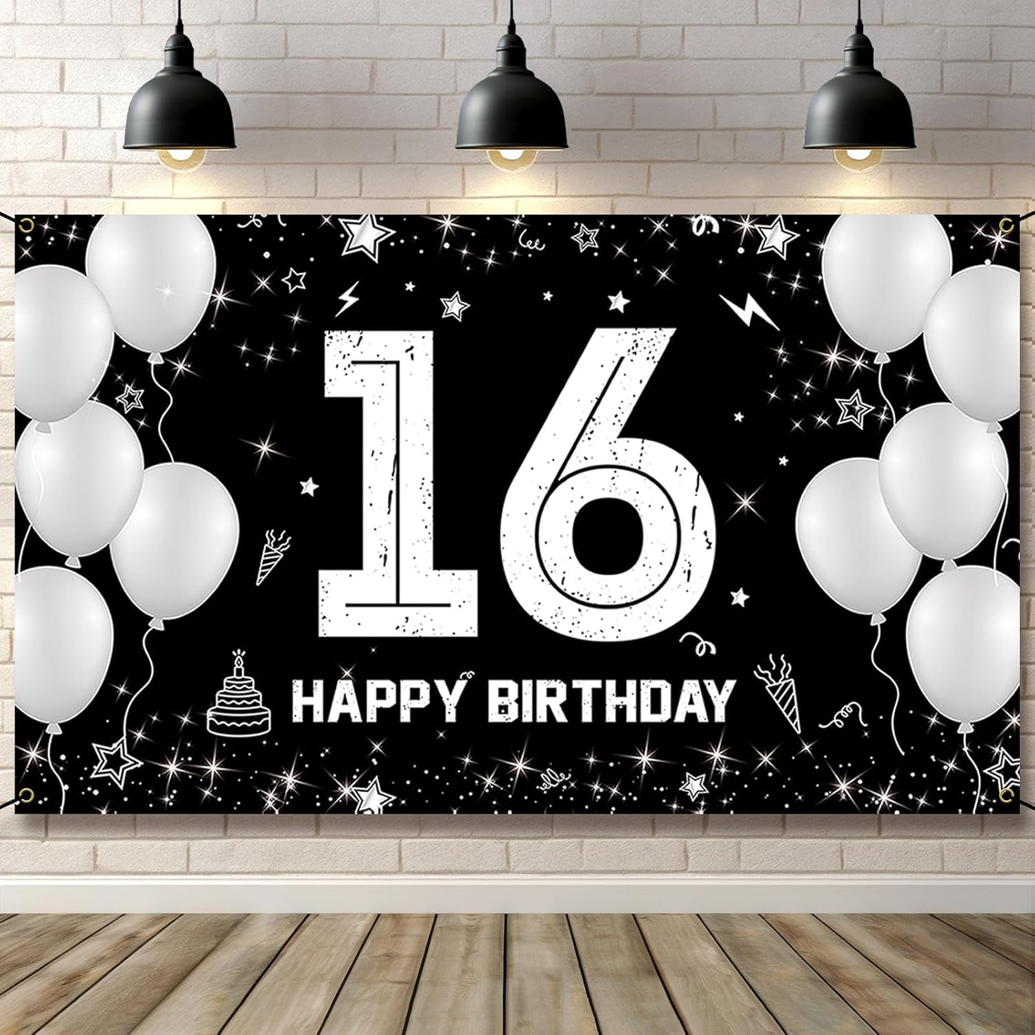 5.9x3.6Ft Happy 16th Birthday Decorations for Boys Girls Black Silver ...