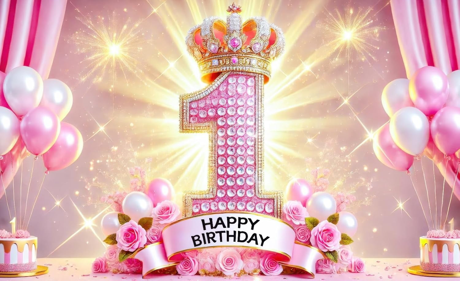 5.9x3.6Ft Happy 1st Birthday Backdrop for Girls Glitter Crown Diamond ...