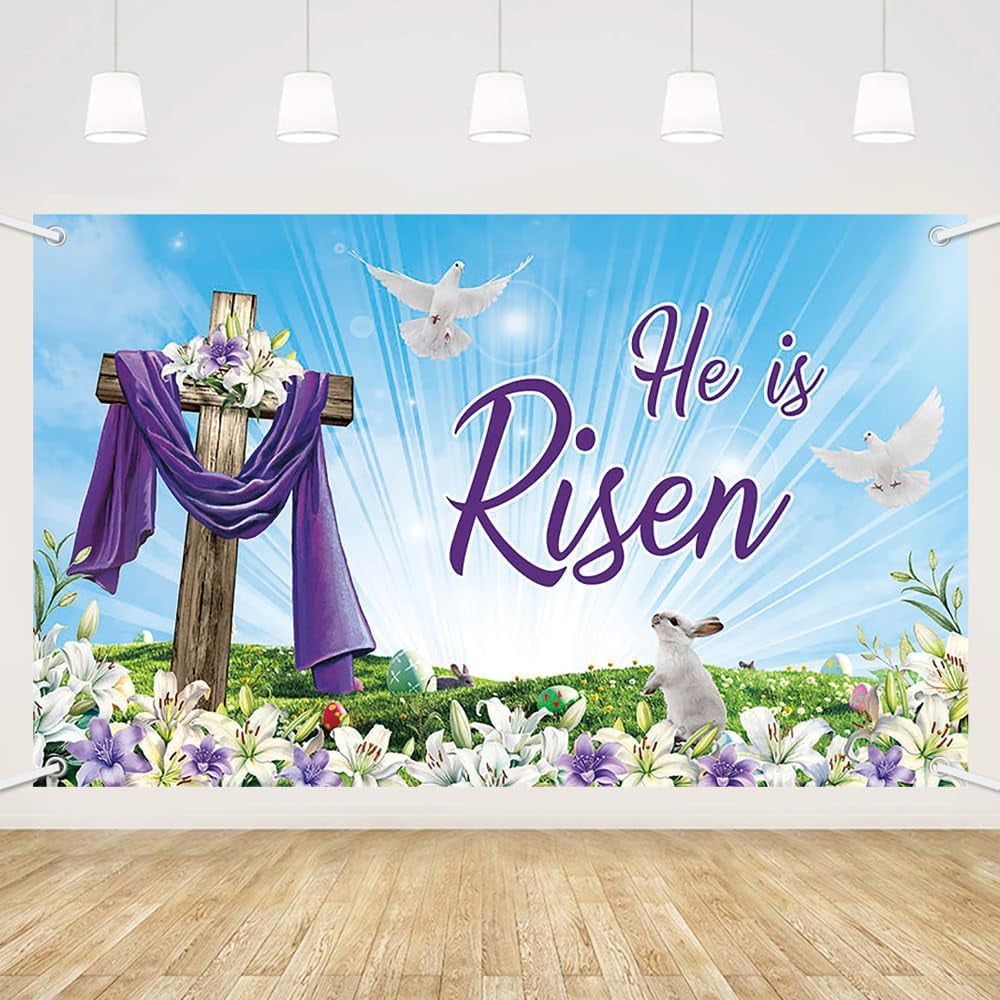5.9x3.6Ft He is Risen Backdrop Banner Spring Easter Decorations Cross ...