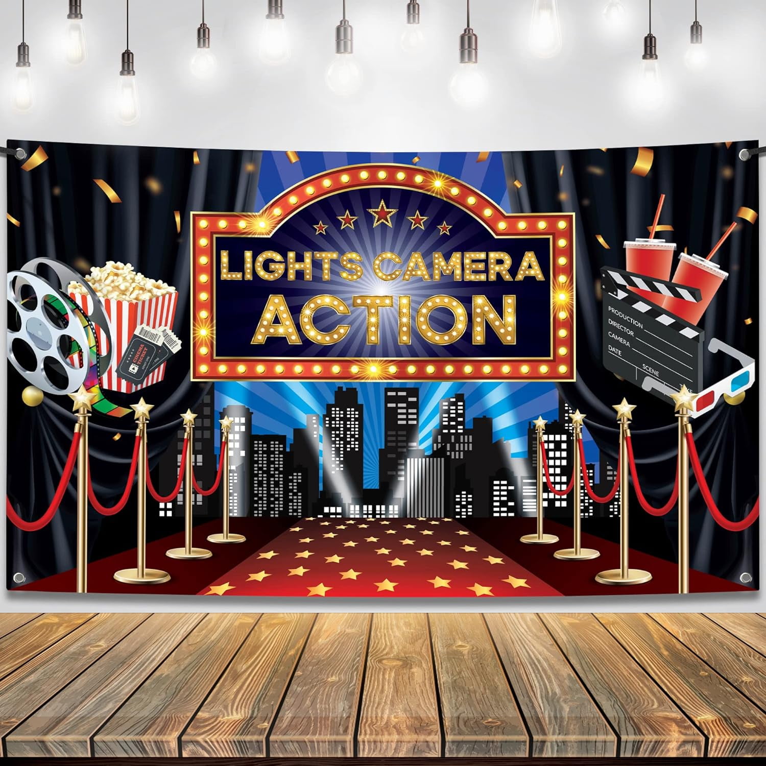 5.9x3.6Ft Lights Camera Action Backdrop Movie Theme Party Decorations ...