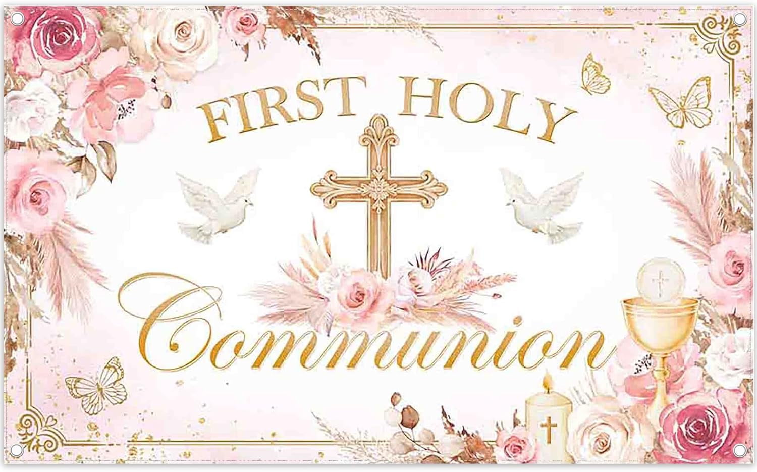5.9x3.6Ft Pink First Holy Communion Backdrop Cross Eucharist Flower ...