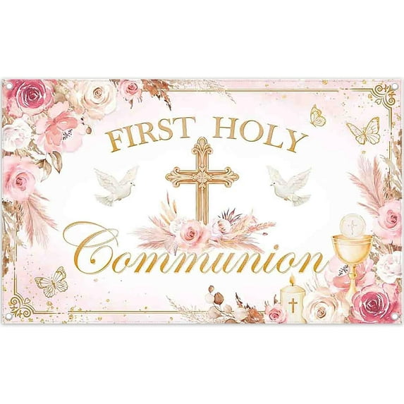 5.9x3.6Ft Pink First Holy Communion Backdrop Cross Eucharist Flower ...