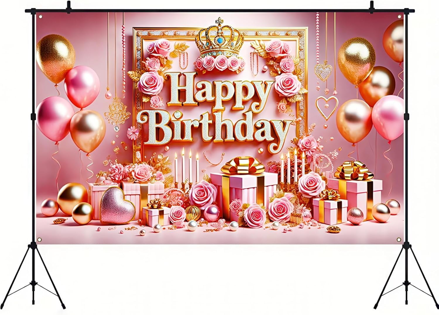 5.9x3.6Ft Pink Gold Happy Birthday Banner Backdrops Birthday ...