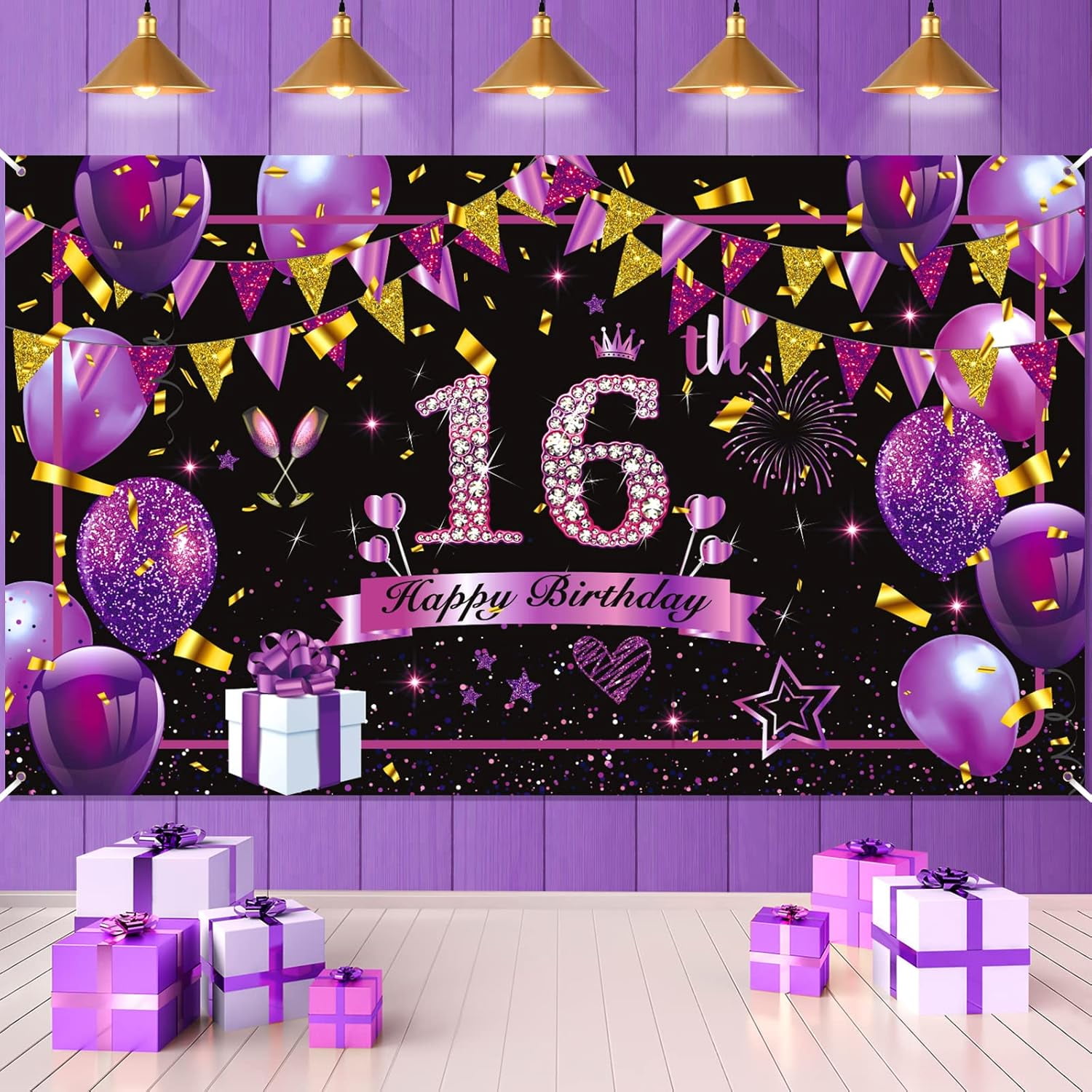 5.9x3.6Ft Purple 16th Birthday Decorations Banner Purple Black Gold ...