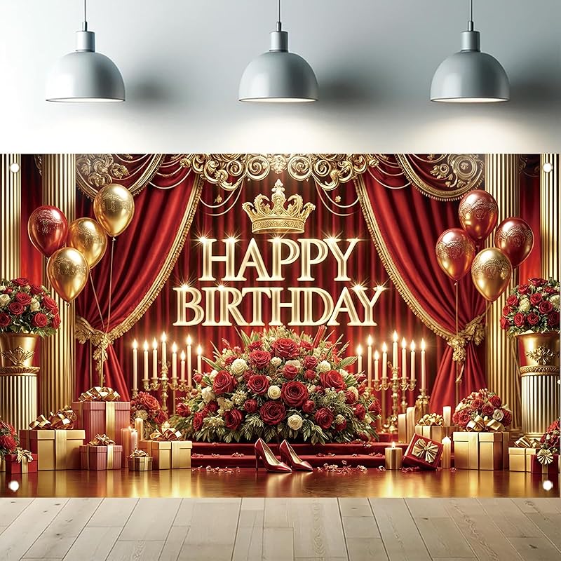 5.9x3.6Ft Red and Gold Balloons Birthday Backdrop Banner Photography ...