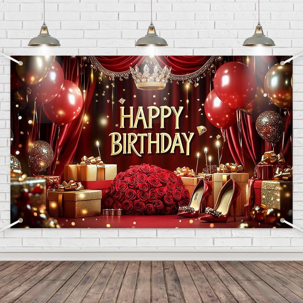 5.9x3.6Ft Red and Gold Happy Birthday Banner Backdrop Balloons Rose ...