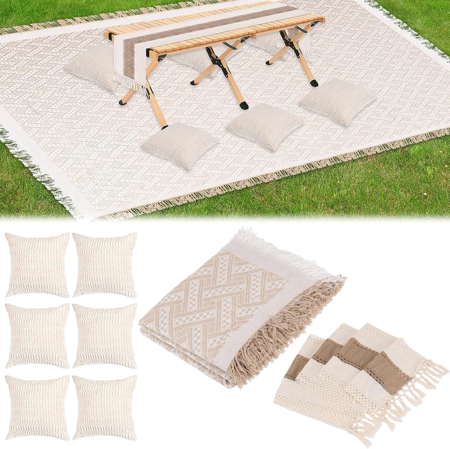 5.9x7.5ft Extra Large Outdoor Boho Picnic Blanket with White Table ...