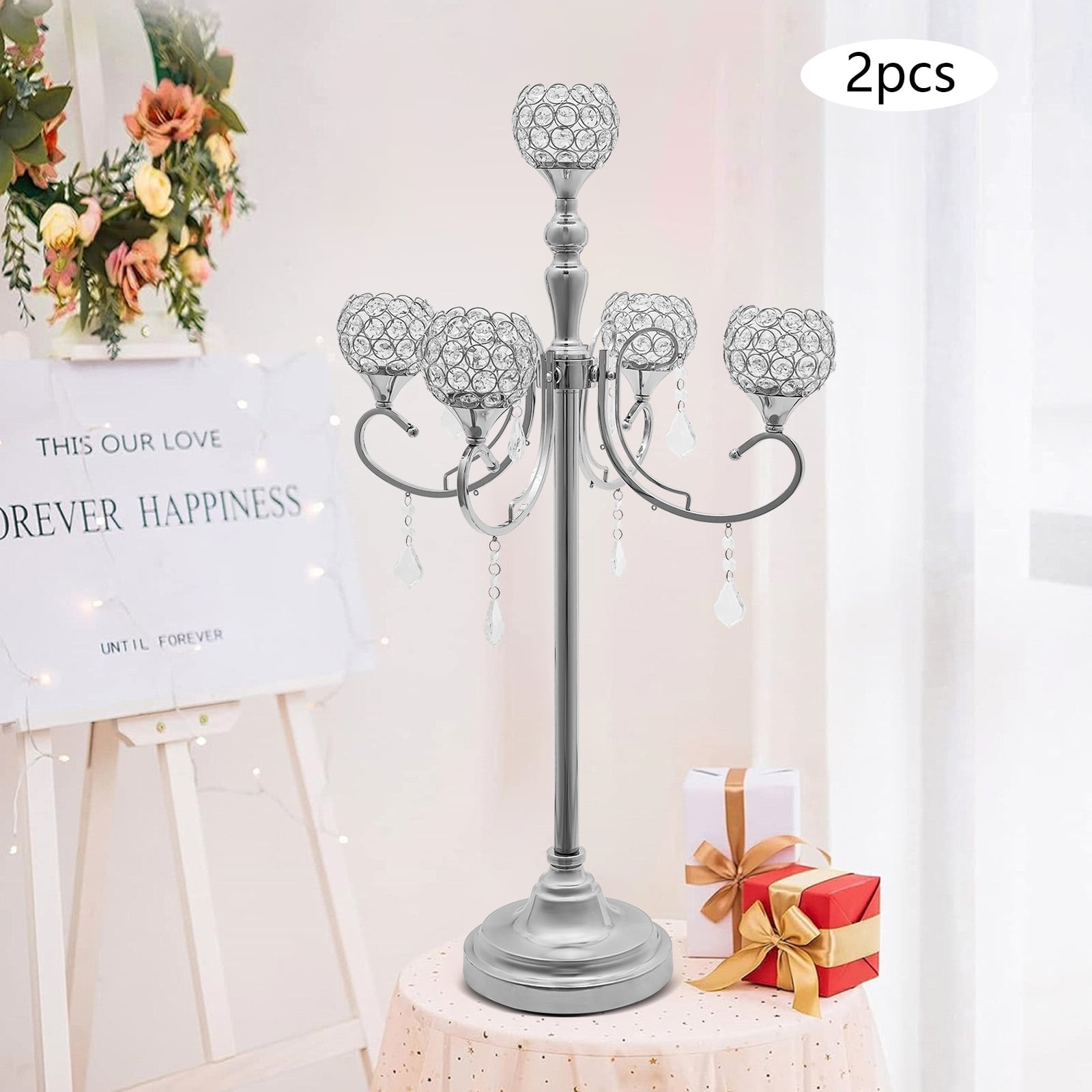 5-Arm Crystal Candle Holders, Silver Finish with Glass Pendants for Romantic and Luxurious ...