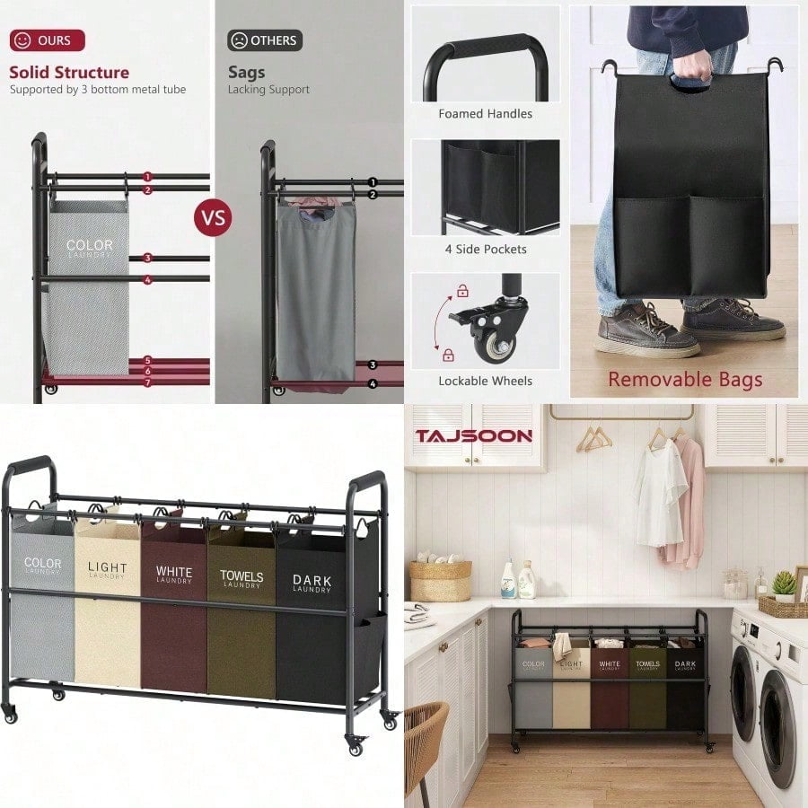 5 Bag Laundry Sorter Cart Laundry Hamper Sorter Basket with Heavy Duty ...