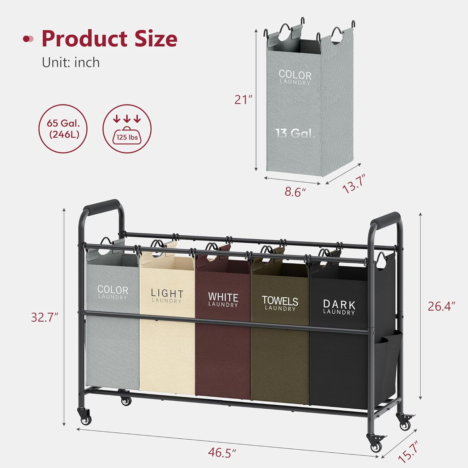 5-Bag Laundry Sorter Cart, Rolling Laundry Hamper with Heavy Duty ...