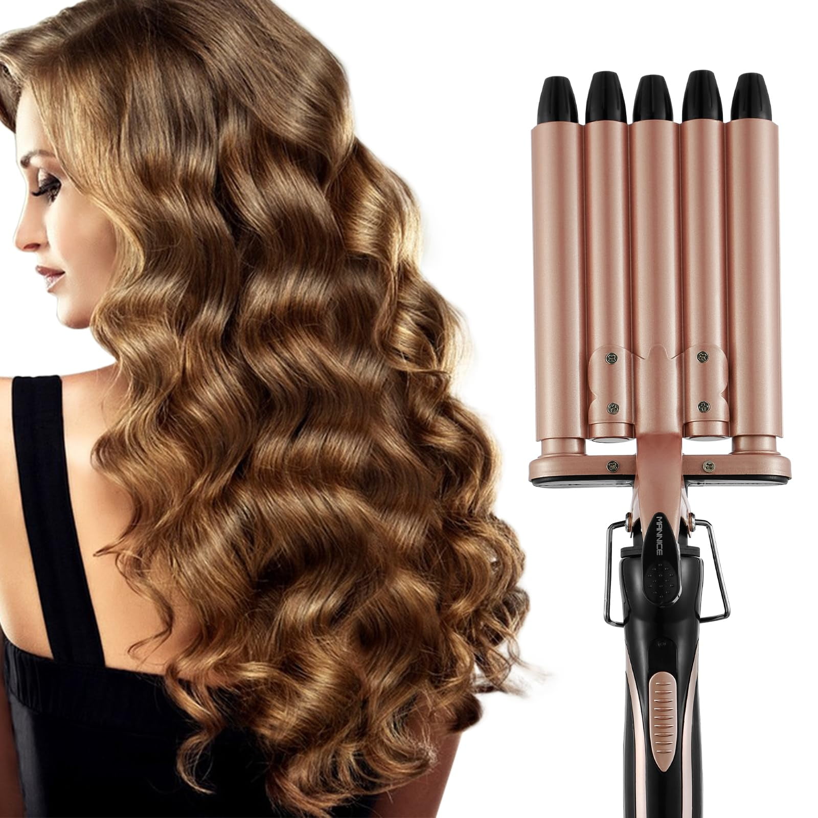 5 Barrel Hair Crimpers and Wavers, Fast Heat 15mm Portable Wand for Long Hair, Adjustable Two ...