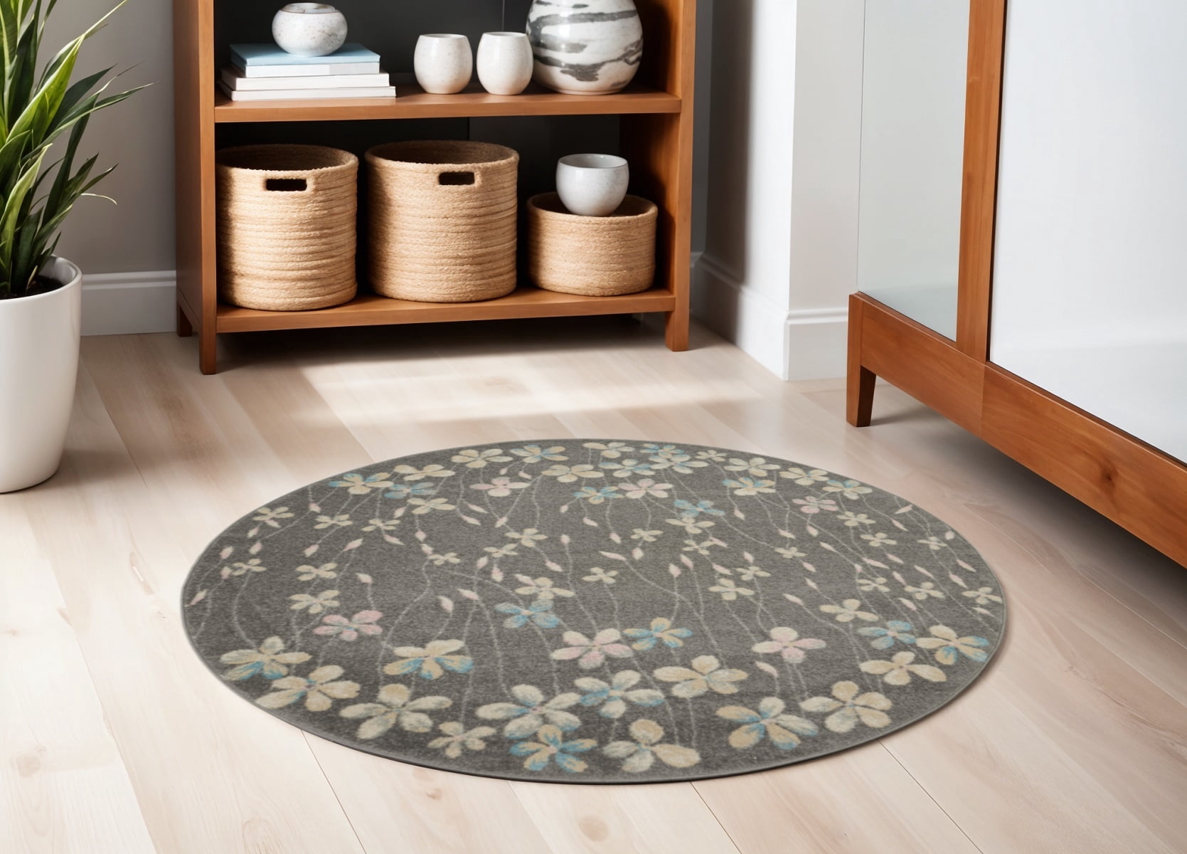 5' Beige And Gray Floral Round Rug - Walmart.com