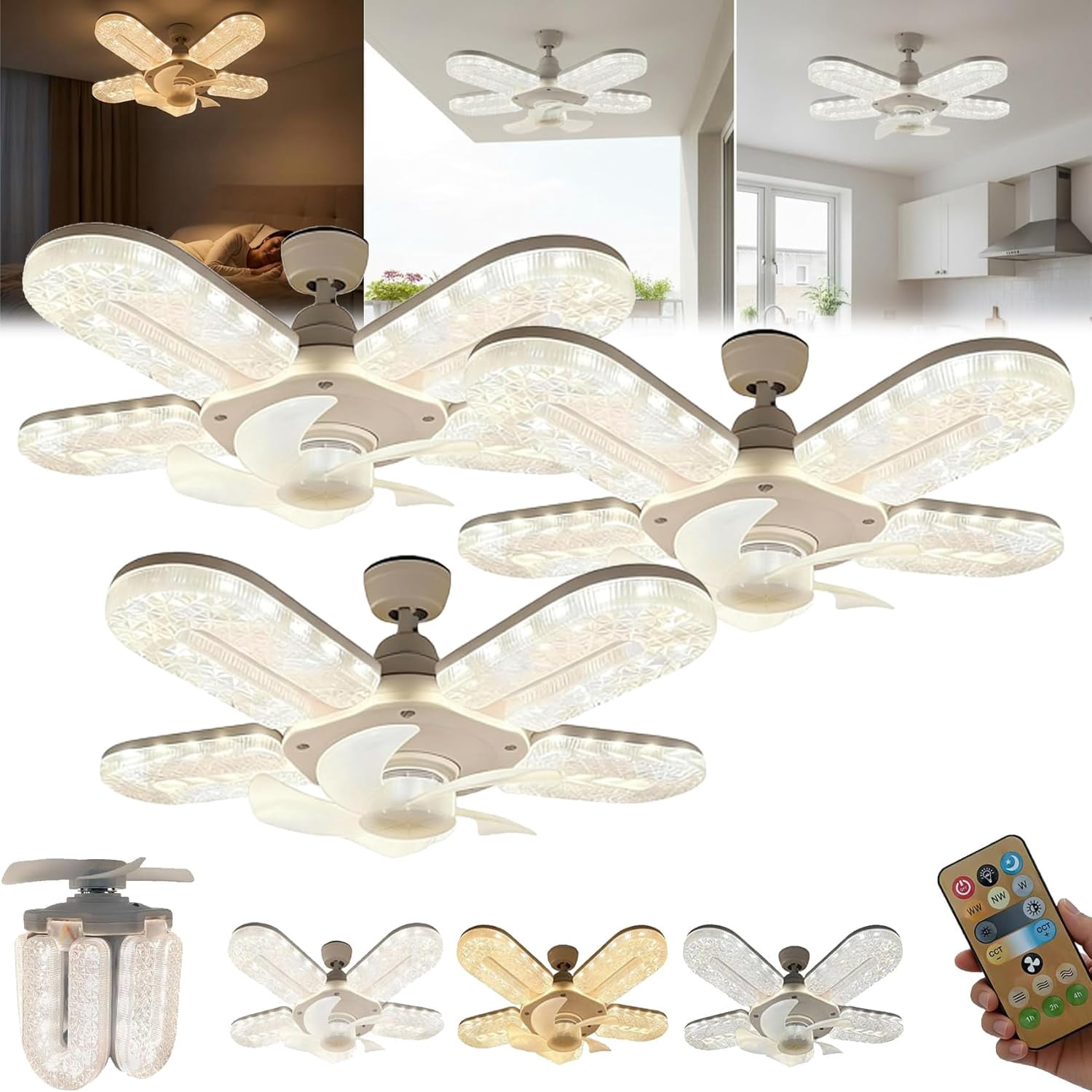 5-Blade LED Fan Light 11.8" 3-Color Remote 3-Speed Dimmable for Bedroom ...