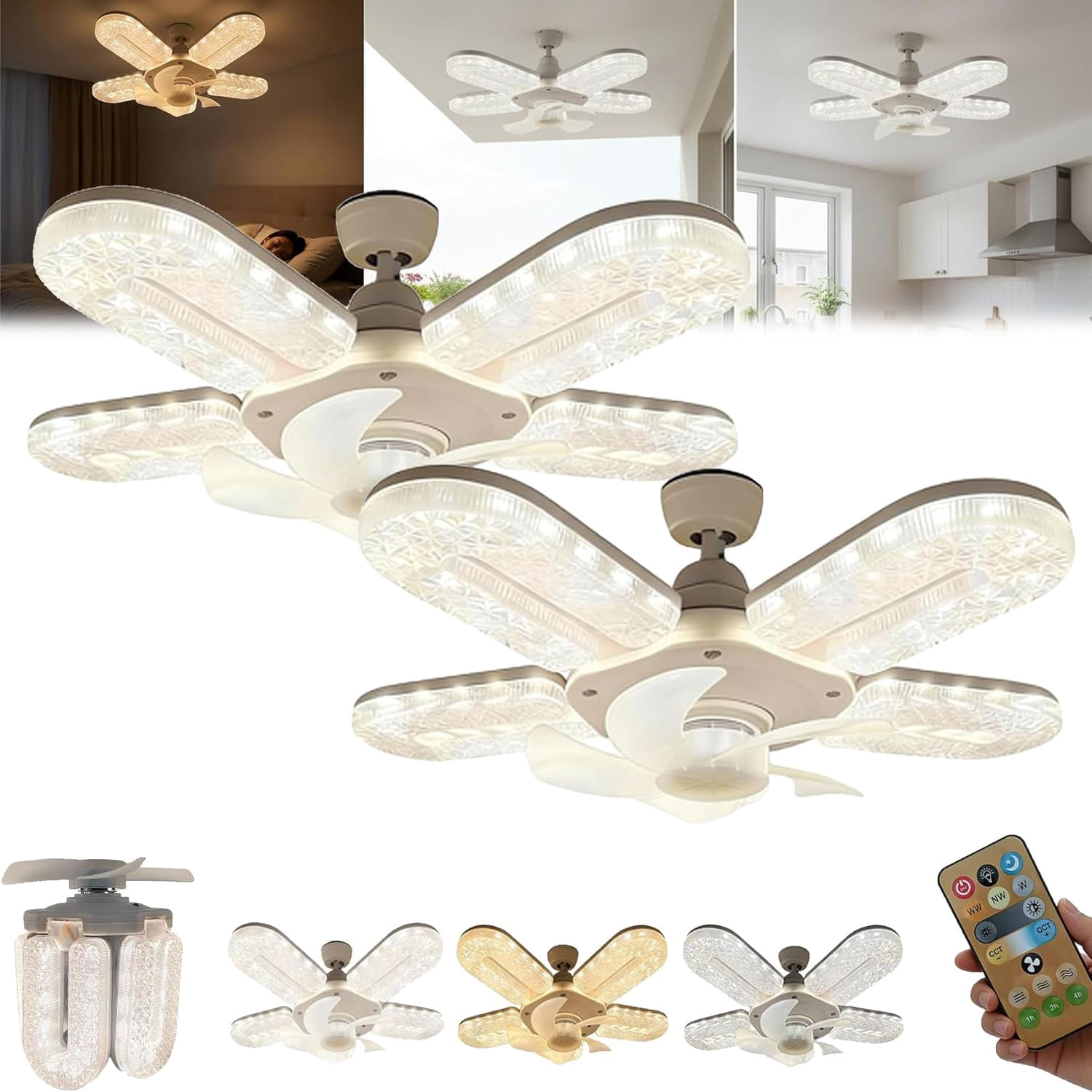 5-Blade LED Fan Light 11.8" 3-Color Remote 3-Speed Dimmable for Bedroom ...